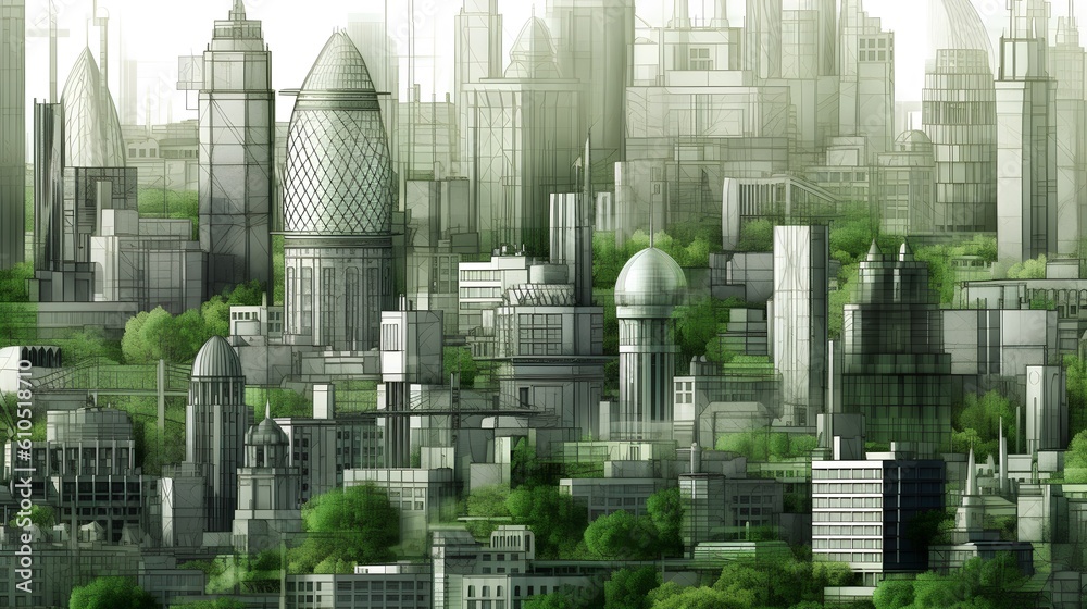 ภาพประกอบสต็อก Cityscape with elements of green architecture and design ...