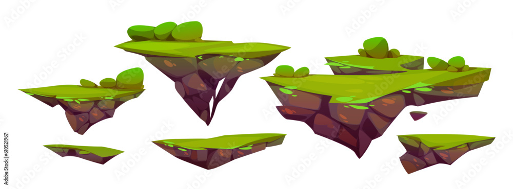 Floating islands, flying land pieces with grass for game landscape ...