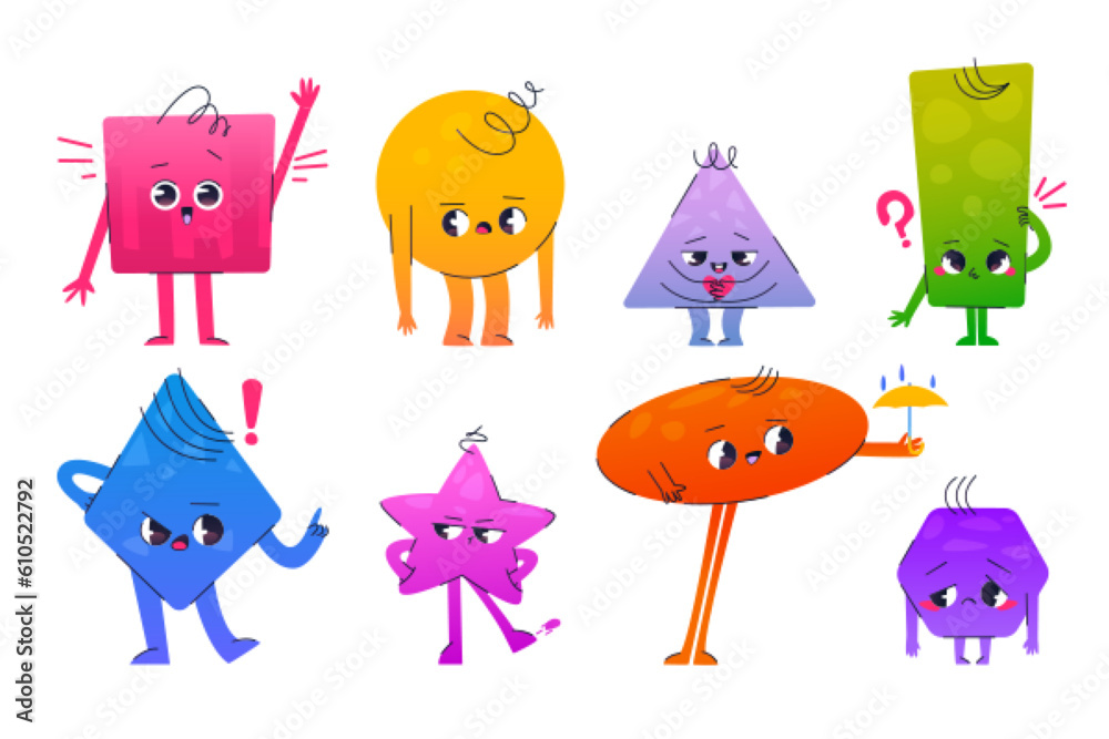 Cute math figures, geometric shapes characters with faces. Abstract ...