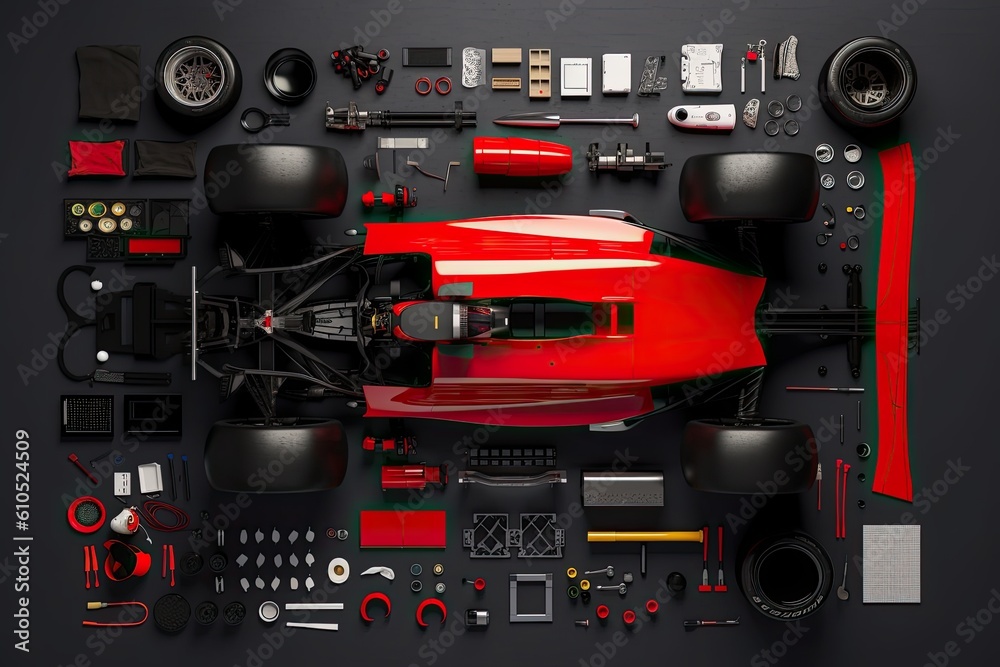 Separate parts of the formula 1 car in dark background. Generative AI ...