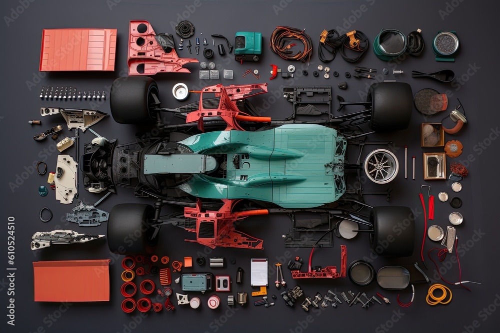 Separate parts of the formula 1 car in dark background. Generative AI ...