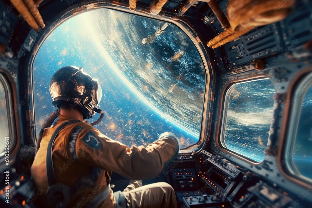 Astronaut in spaceship bridge gazes out window as ship enters ...