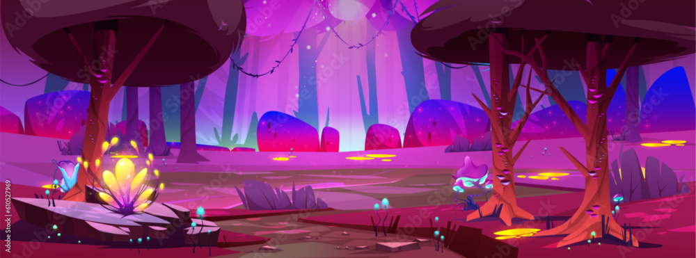Pink fantasy magic forest cartoon background illustration. Night ...