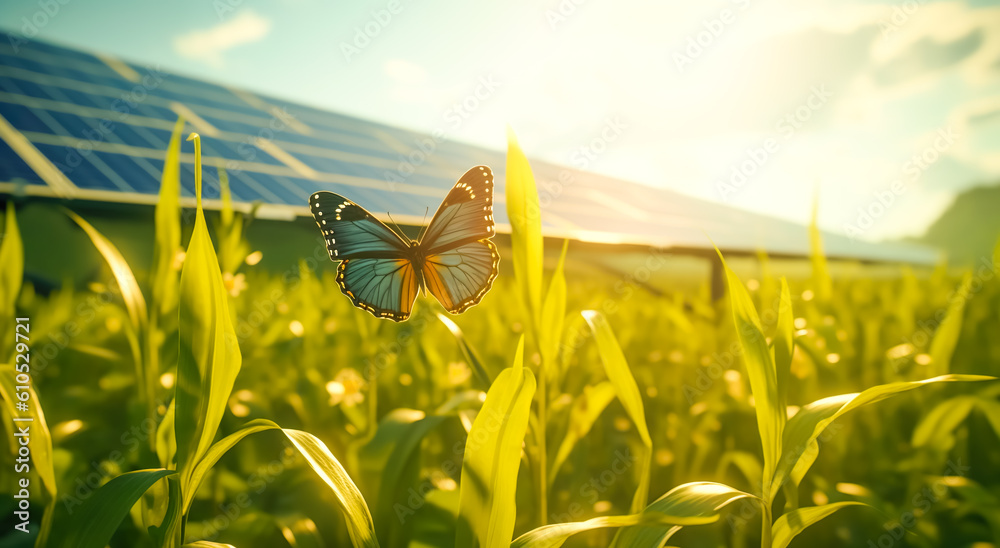 Butterfly with solar panel with light sunny.environment and ecology ...