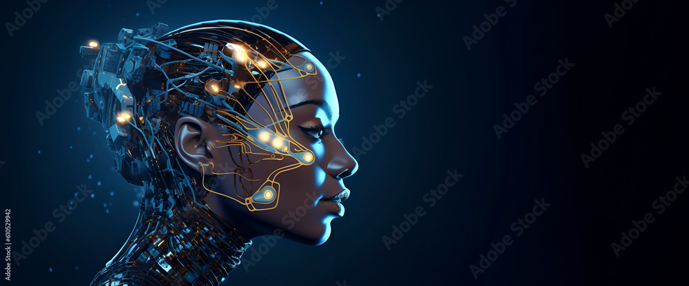 3D illustration of a neon android with a human face, with copy space ...