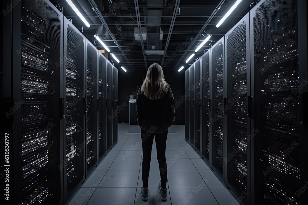 Back view of a young woman standing in the server room with rows of ...
