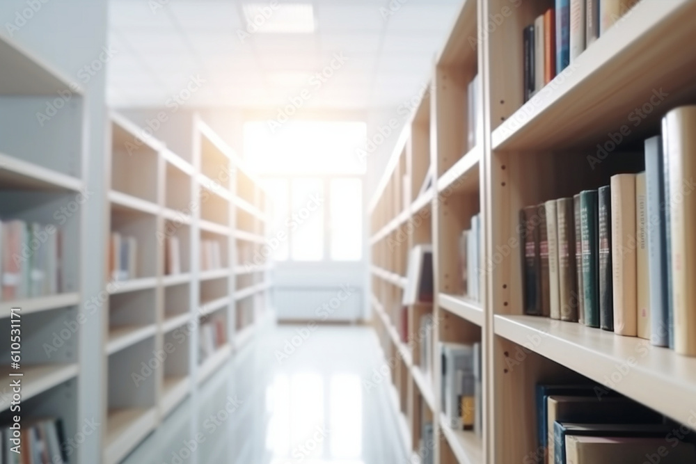 Blur school library or study room with book shelves for education ...