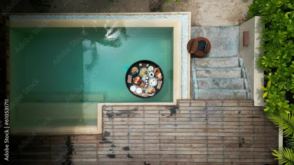 Different meals for breakfast or lunch on floating tray in swimming ...