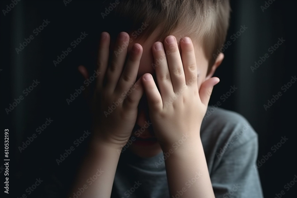 Boy crying covered his face with his hands, Stressed child, Domestic ...