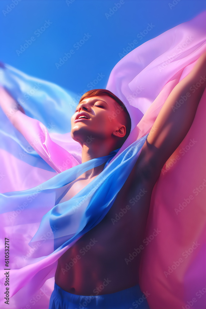 trans man holding up trans flag fabric in sunshine, made with ...