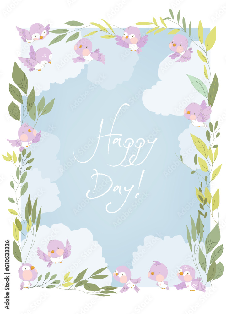 Cartoon Frame with Cute Little Birds and Plants Stock Vector | Adobe Stock
