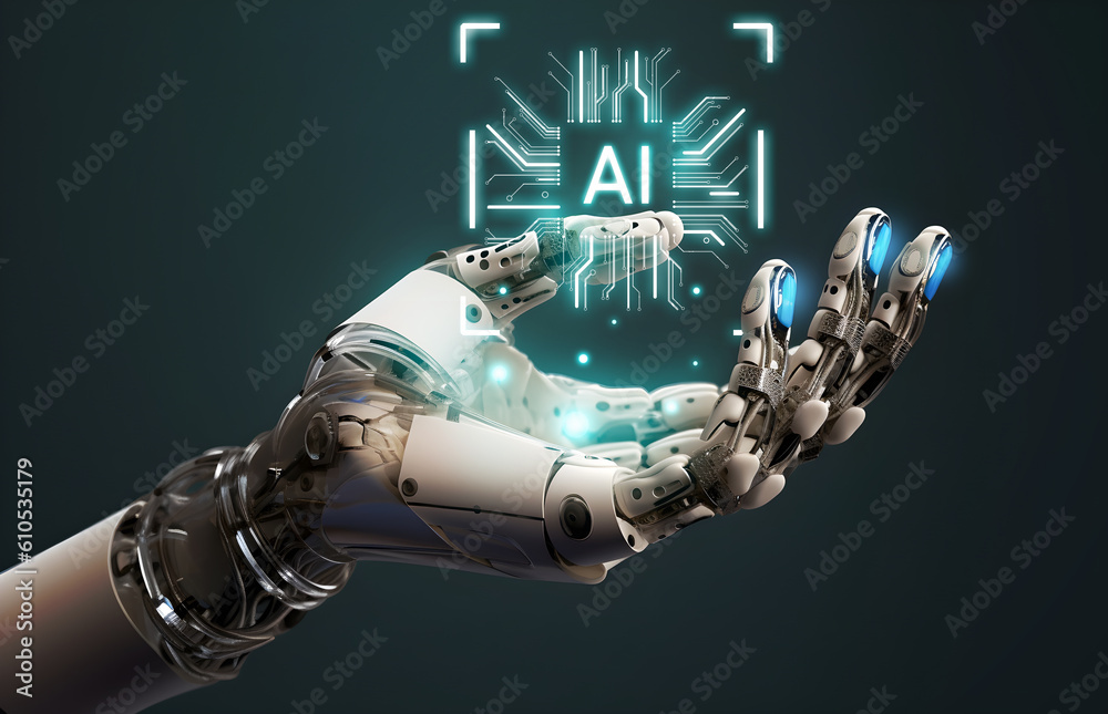 AI humanoid hand holding AI Logo on microchip hologram, Future ...