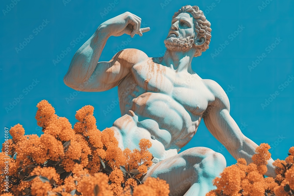 Statue of muscle ancient man in front of spring flowers. Created with ...