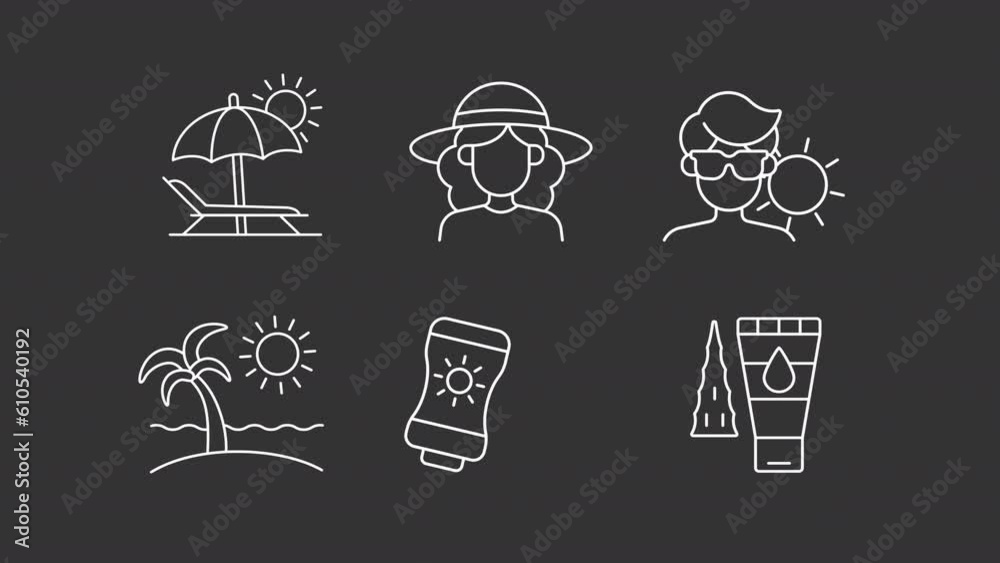 Sun safety white icons animation. Animated line beach travel. Outdoor ...