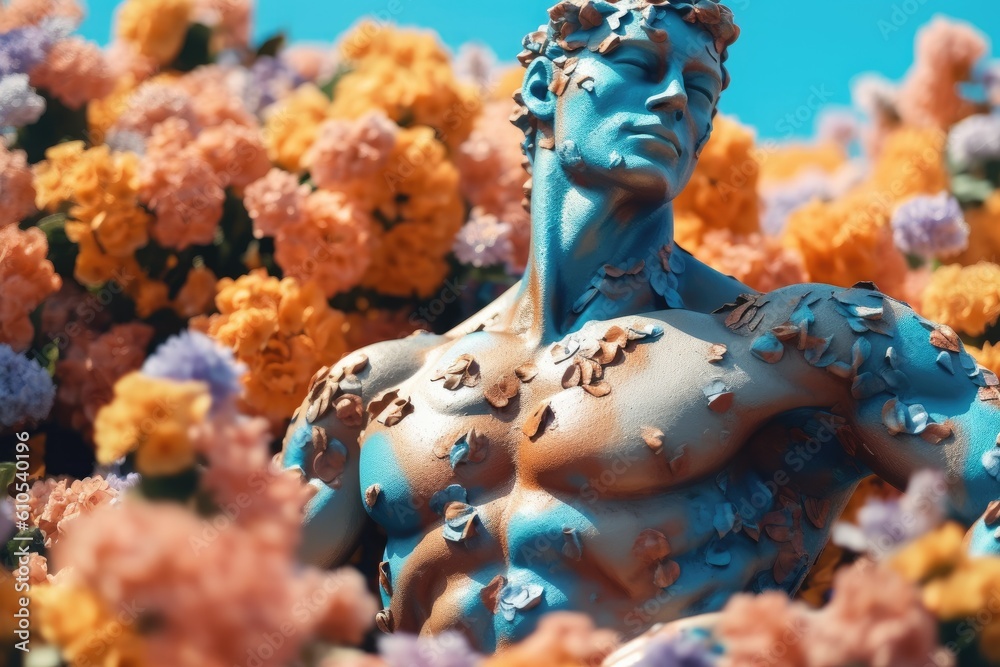 Statue of muscle ancient man in front of spring flowers. Created with ...