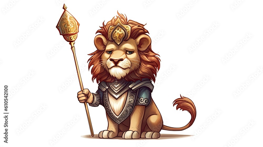 Lion wearing a crown and holding a scepter on white background. Cartoon ...