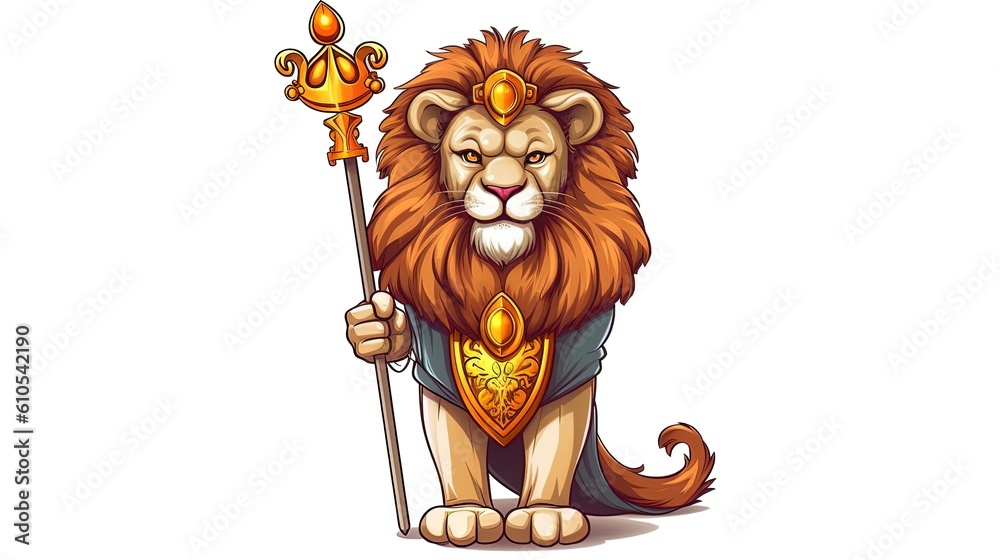 Lion wearing a crown and holding a scepter on white background. Cartoon ...