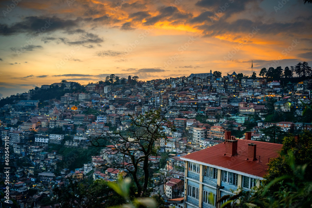 Sunset Skyline of Shimla city in Himachal Pradesh, India. Natural ...