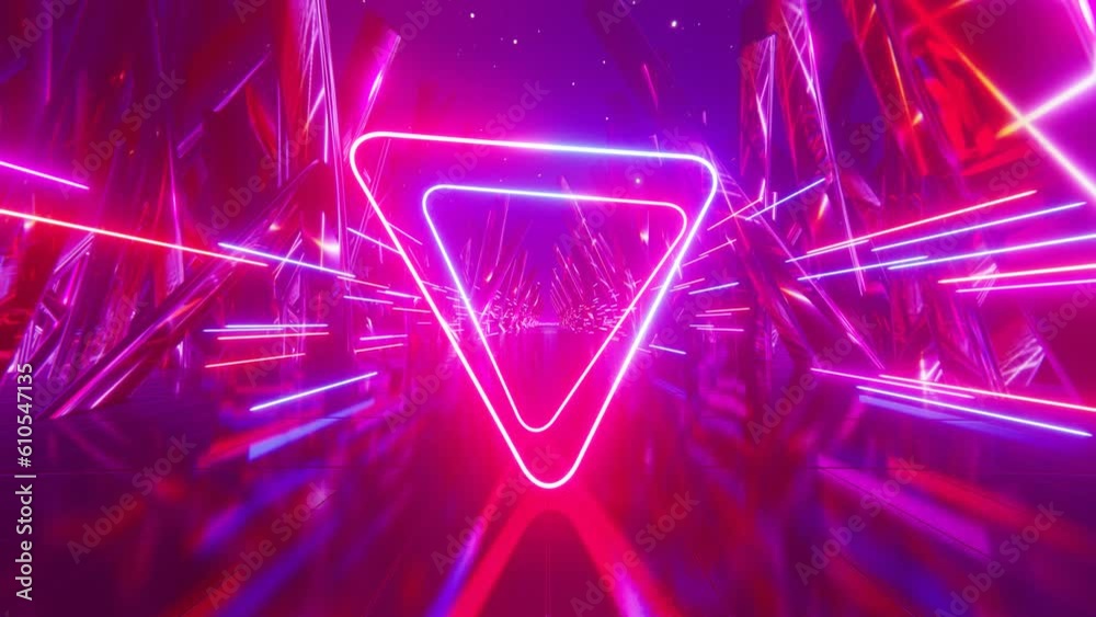 Abstract neon background with defocusing at the edges. Neon triangle ...