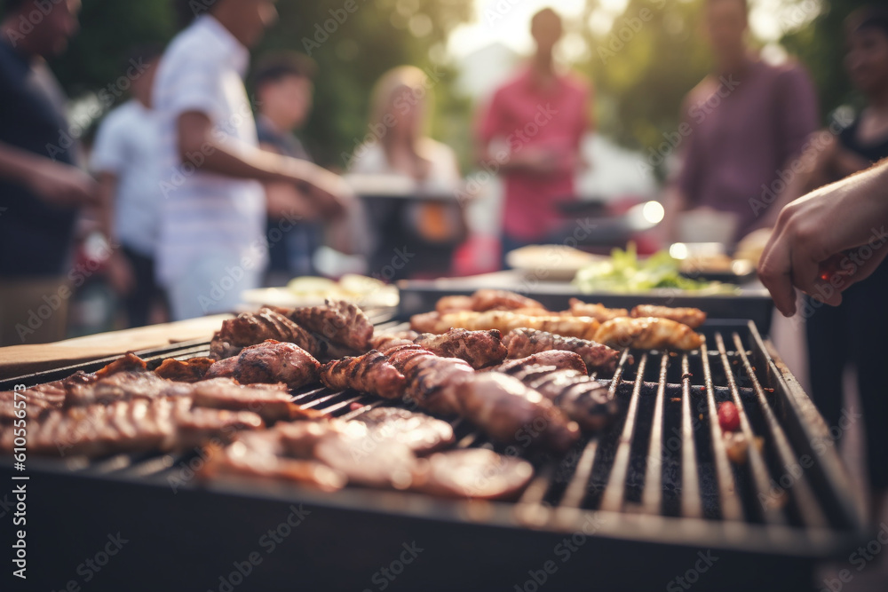Barbecue grill meat outdoor in the backyard at summer party with family ...