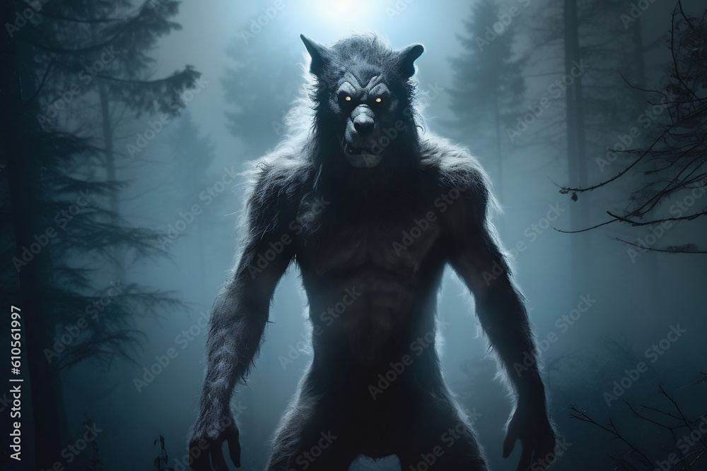 Hairy aggressive Werewolf growling in the moonlight over a full moon ...
