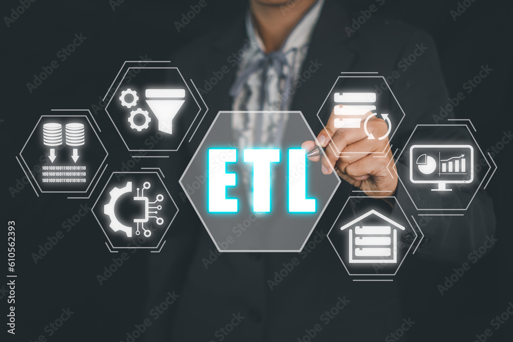 Póster ETL, extract transform load concept, Person hand touching ...