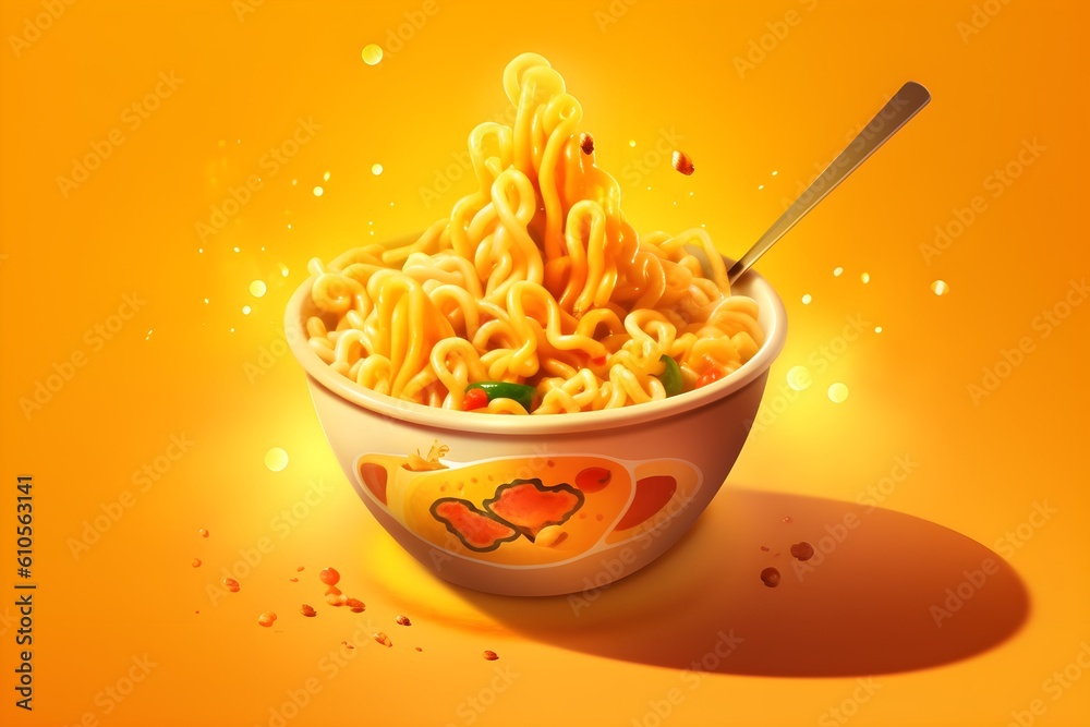 a bowl of hot and yummy maggi, colorful background, cartoon style, 8k ...