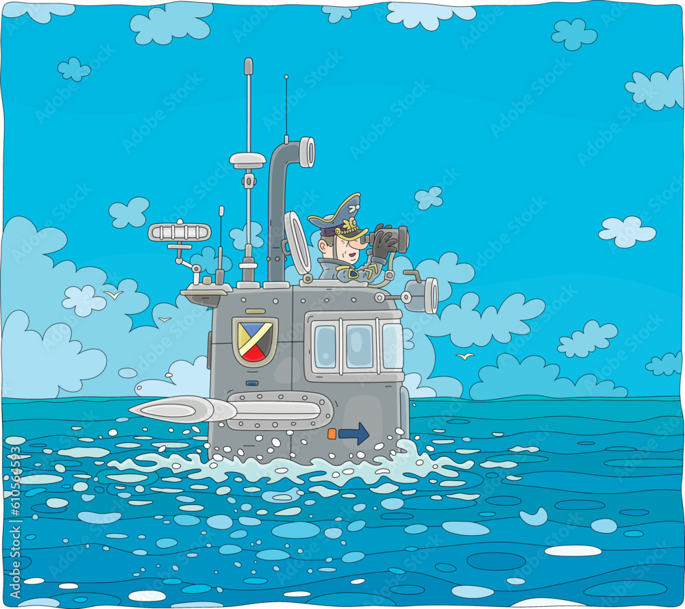 Navy captain observing a sea horizon through binoculars on a cabin of ...