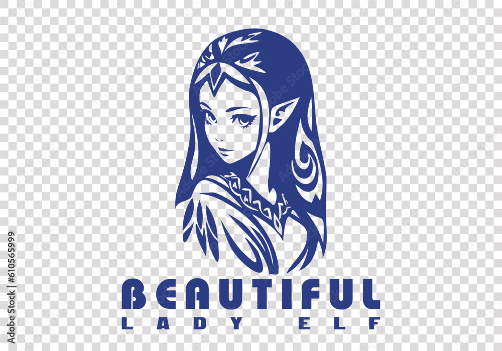 Vector logo. Monochrome portrait of a beautiful young fairy elf girl ...