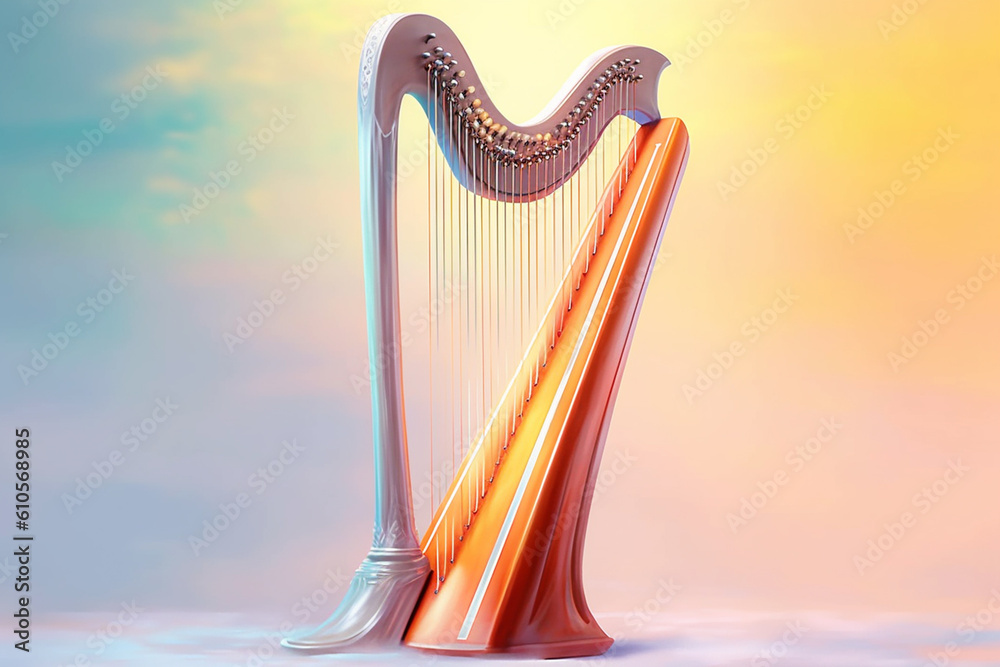 A digital illustration of a harp, with ethereal colors and delicate ...
