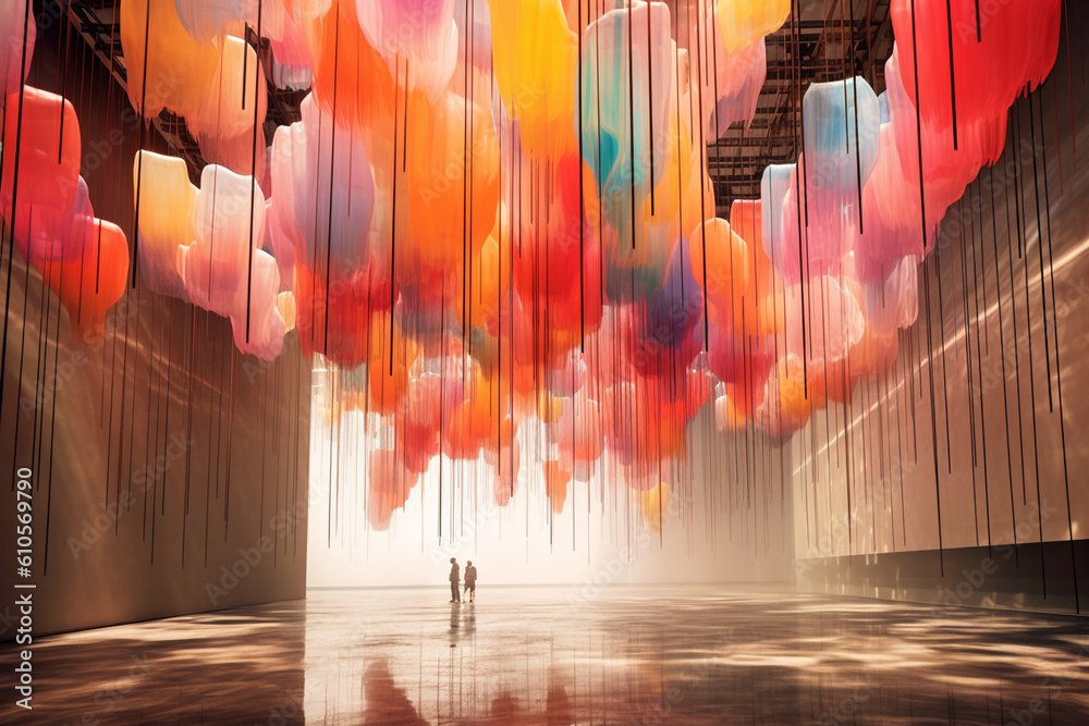 A large-scale abstract installation made of suspended or floating ...