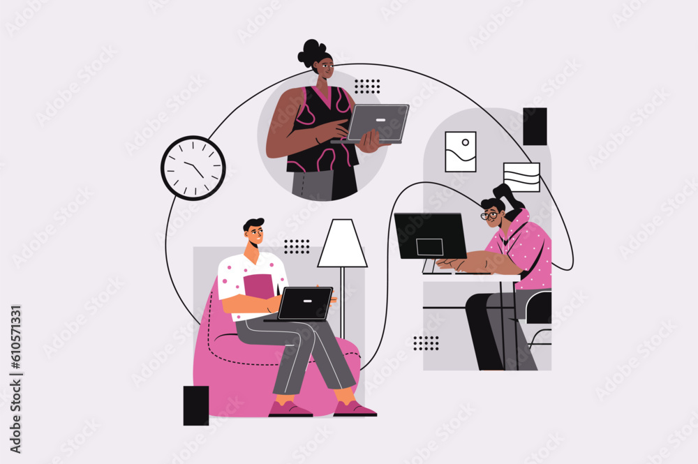 Freelance concept with people scene in the flat cartoon style. Young ...