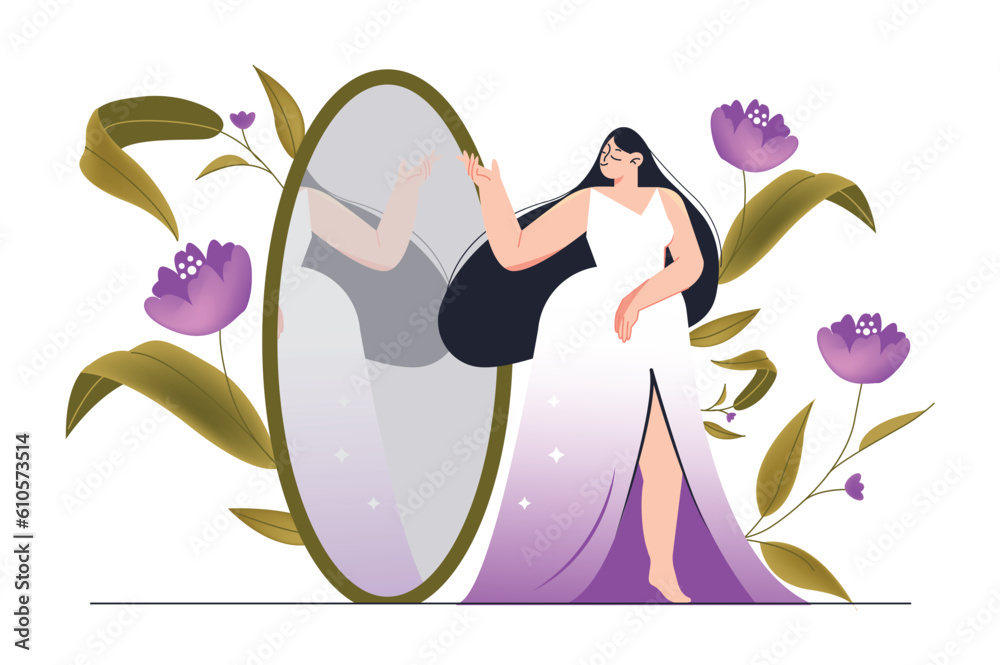 Woman in mirror-dress fitting concept scene in the flat cartoon design ...
