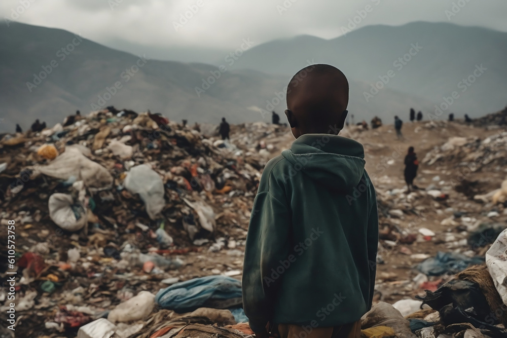 Poor Kid standing in garbage at the city dump surrounded by garbage and ...