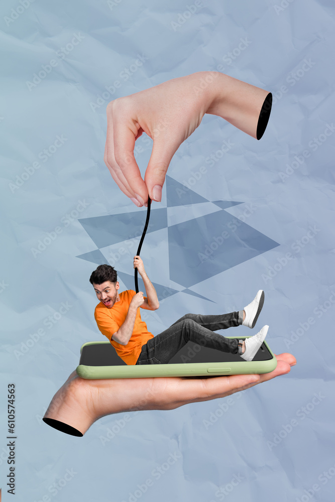 Magazine collage image of funky guy hanging rope falling modern device ...