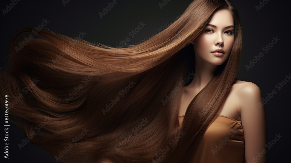 Young woman with brown hair on dark background, mockup for hair care ...