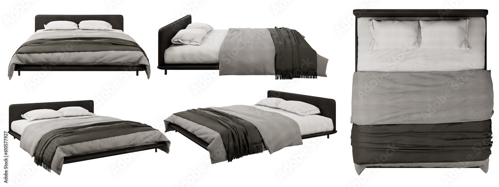 isometric bed with pillows mockup, top view, font view, side view ...