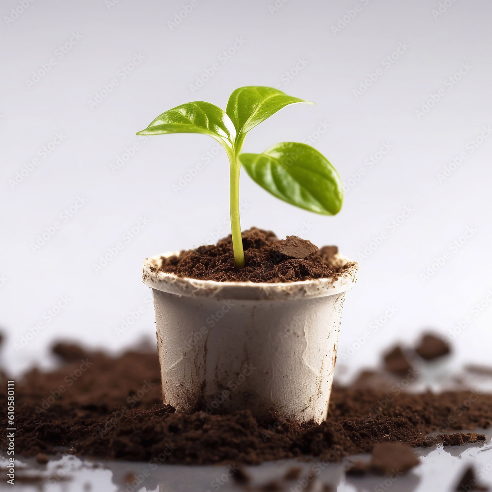 Plant sprout in used composted coffee capsule. Espresso coffee Capsules ...