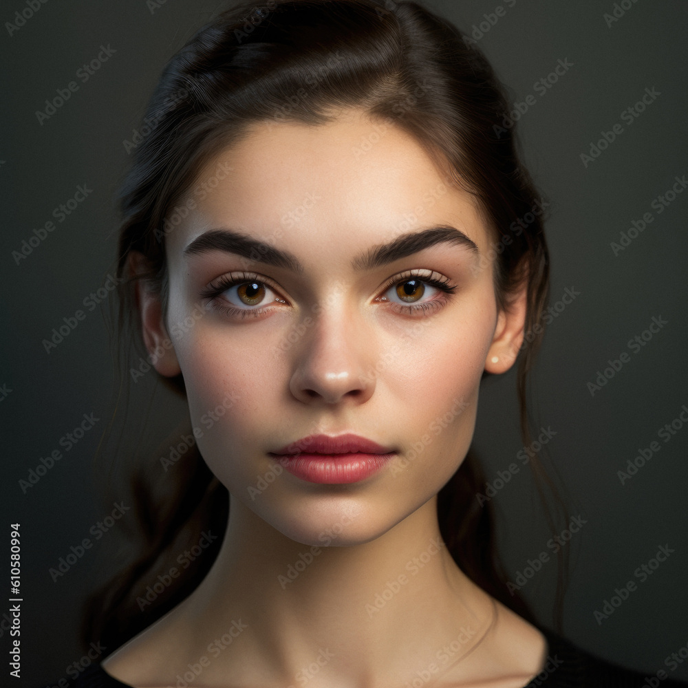 portrait of a woman, 20 years old, has a heart-shaped face with a ...