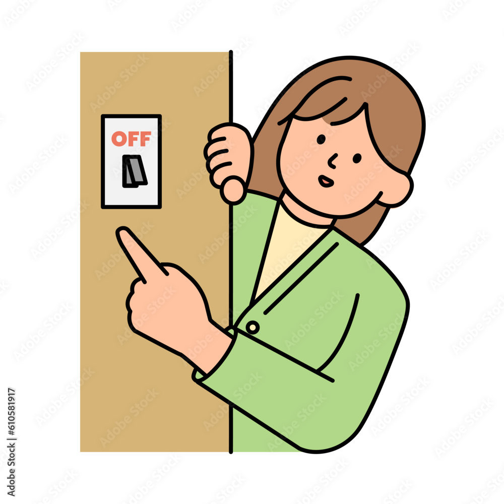 Woman Pointing to Light Switch , Turning Off to Save Electricity ...