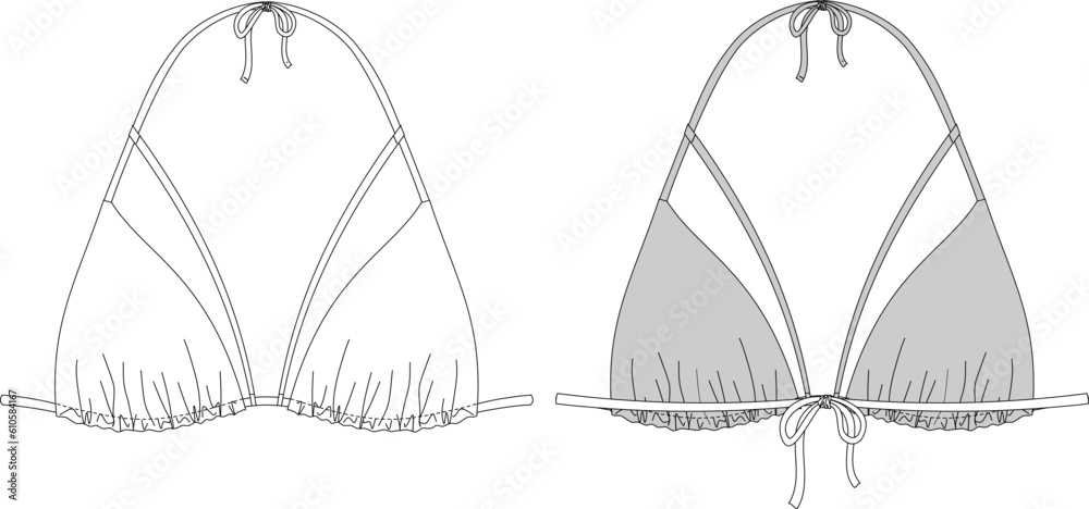 Woman triangle bikini technical drawing, template, sketch, flat, mock ...