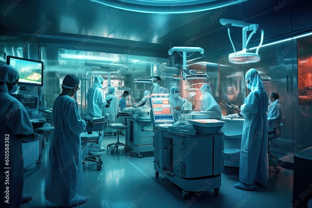 Modern surgery taking place in a modern surgical room - three surgeons ...