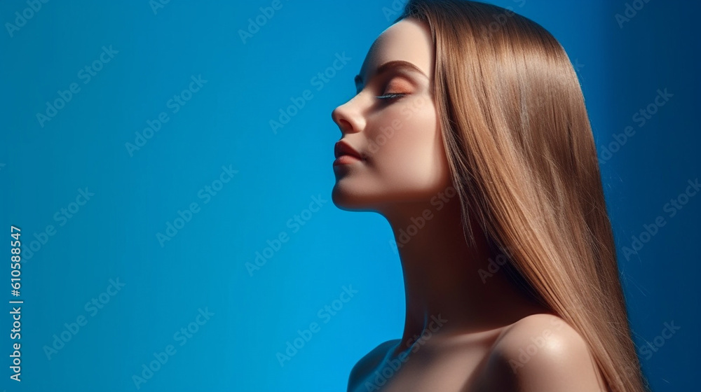 Portrait of beautiful young woman with straight long flying hair over ...