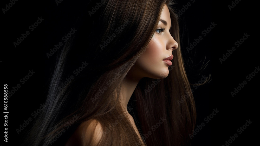 Portrait of beautiful young woman with straight long flying hair over ...
