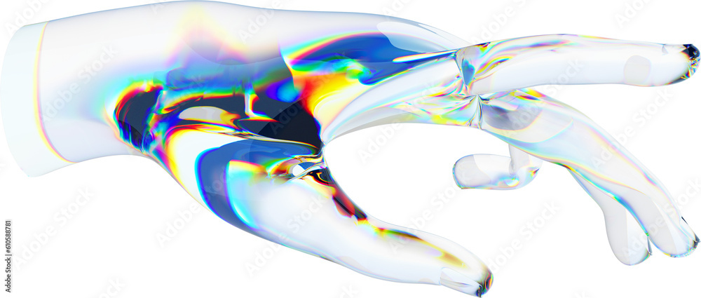 3d glass hand with dispersion transparent background. Rainbow reflex on ...