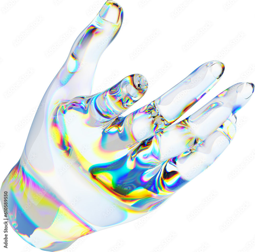 3d glass hand with dispersion transparent background. Iridescent reflex ...