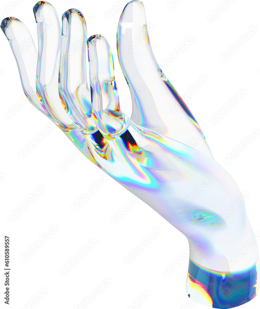 3d glass hand with dispersion transparent background. Iridescent reflex ...