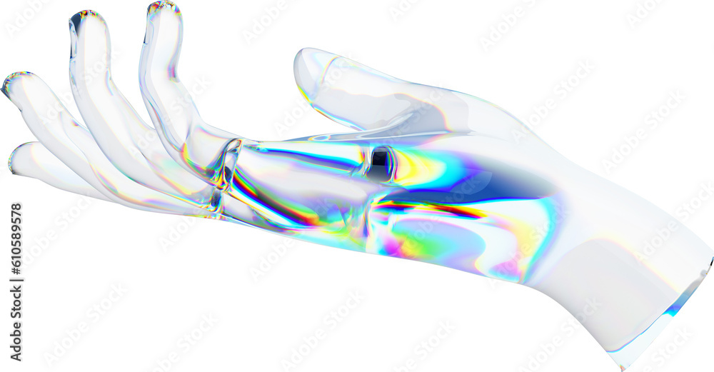 3d glass hand with dispersion transparent background. Iridescent reflex ...
