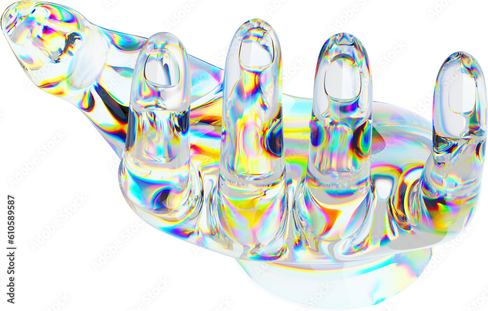 3d glass hand with dispersion transparent background. Iridescent reflex ...