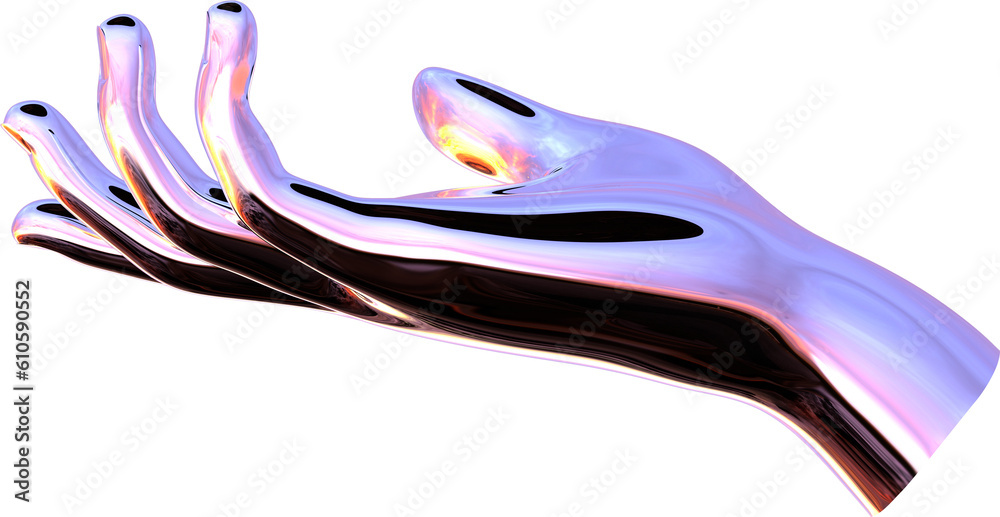 3d chrome metal hand with transparent background, surreal hand ...